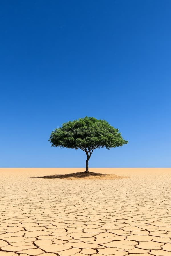 Lone Tree in Desert, Minimalistic Style, Blue Sky Background, Concept ...