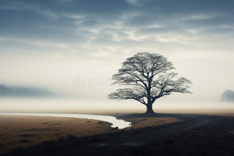 Lone Tree Emerges Gracefully from the Mist in an Open Field Stock ...