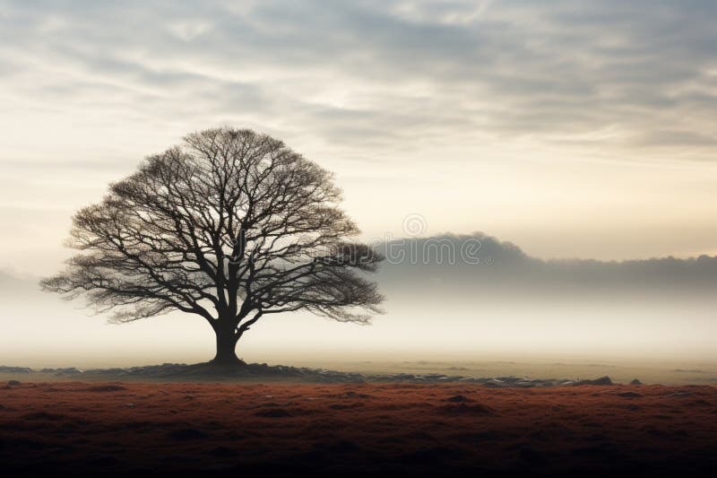 Lone Tree Emerges Gracefully from the Mist in an Open Field Stock ...