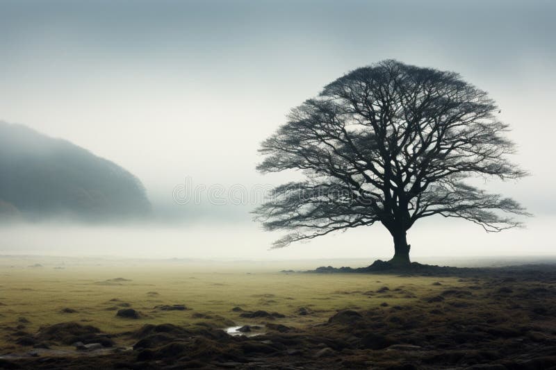 Lone Tree Emerges Gracefully from the Mist in an Open Field Stock ...