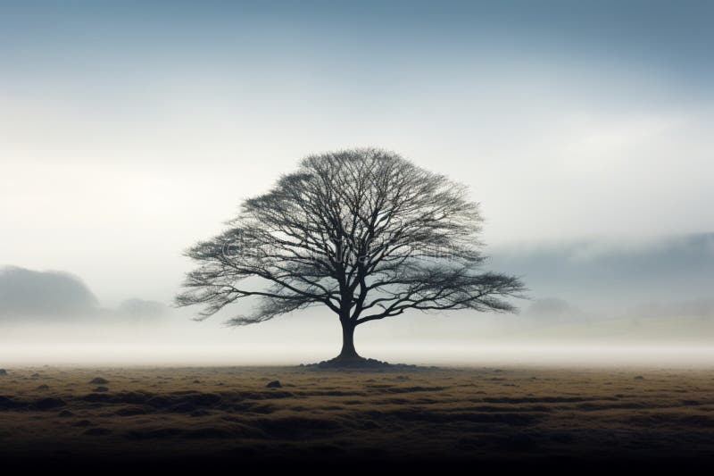 Lone Tree Emerges Gracefully from the Mist in an Open Field Stock ...