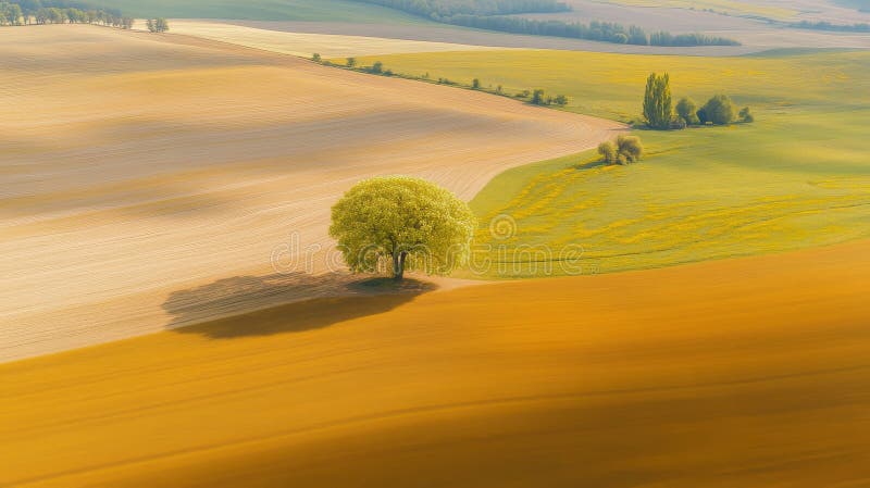 Lone Tree in Expansive Rolling Fields Under Golden Sunlight and Shadow ...