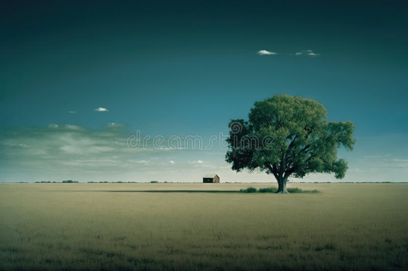 A Lone Tree in a Field with a Barn in the Distance. Stock Illustration ...
