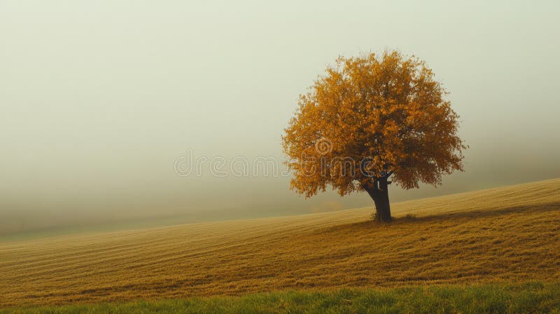 A Lone Tree in a Field on Foggy Day with Mist, AI Stock Image - Image ...