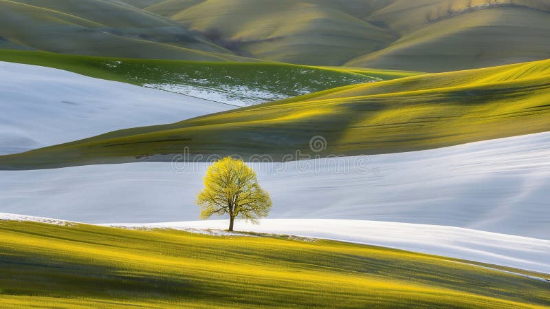 Lone Tree Field Split Snow Green Grass Representing Winter Spring Stock ...