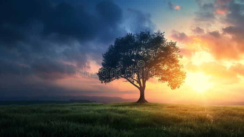 Lone Tree in Field Sunset Sky Landscape Concept Stock Illustration ...