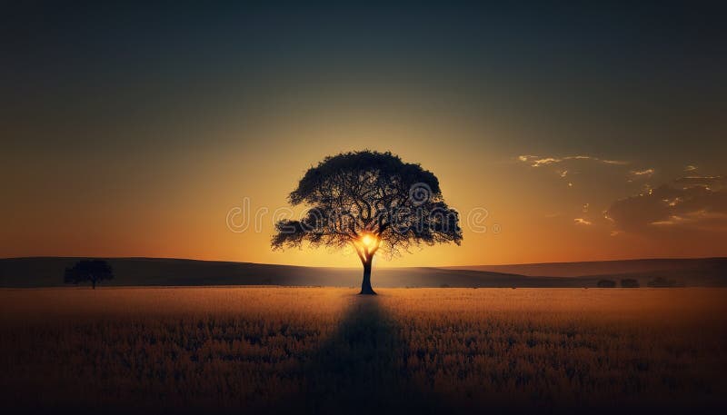 A Lone Tree in a Field at Sunset with the Sun Behind it. Generative Ai ...