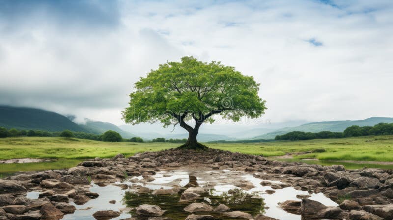 A Lone Tree in a Field Surrounded by Rocks and Water Stock Illustration ...