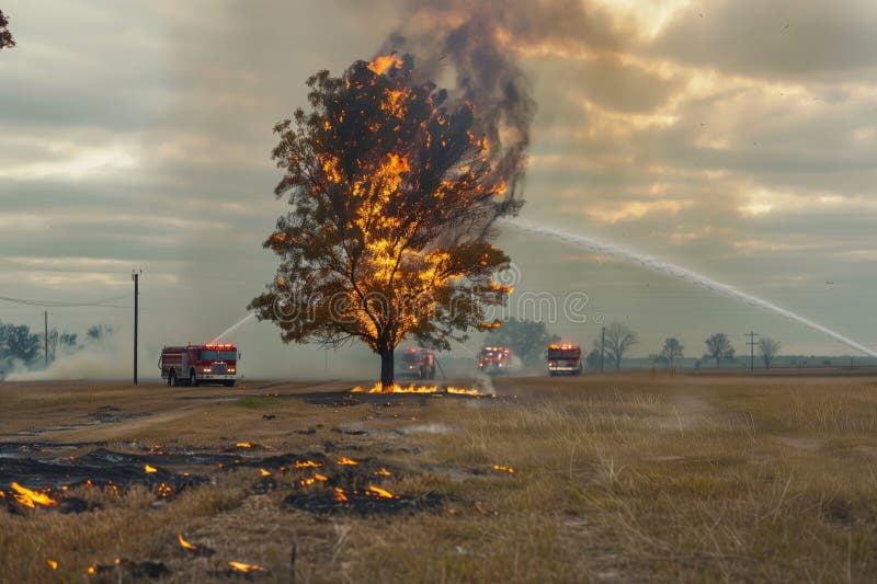 Lone Tree on Fire in a Field with Approaching Fire Trucks Stock Photo ...