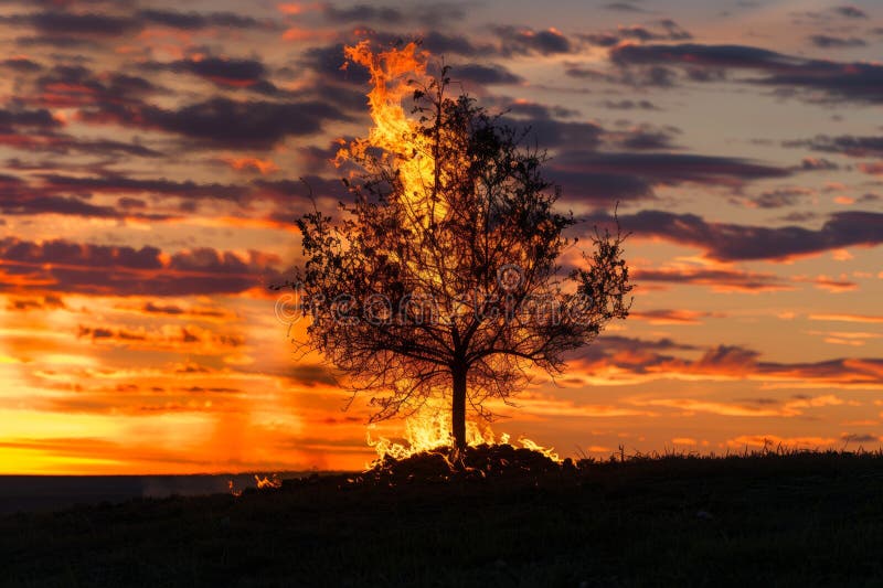 Lone Tree on Fire at Sunset, Silhouette Effect Stock Image - Image of ...