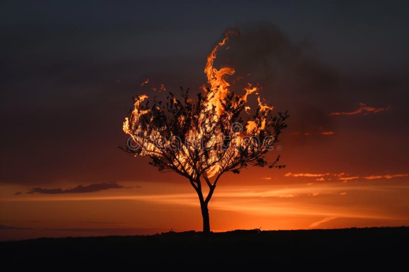 Lone Tree on Fire at Sunset, Silhouette Effect Stock Image - Image of ...