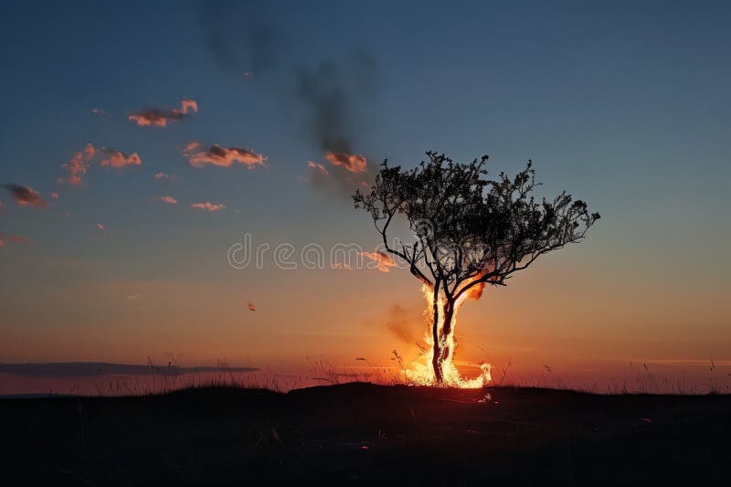 Lone Tree on Fire at Sunset, Silhouette Effect Stock Image - Image of ...