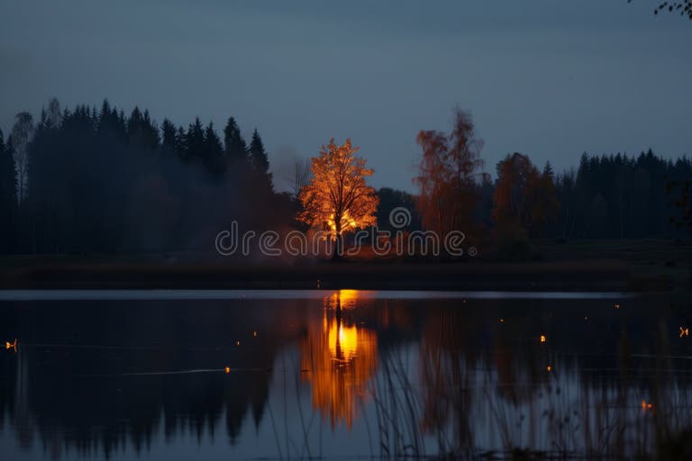 Lone Tree on Fire, Visible from Across a Lake Stock Image - Image of ...