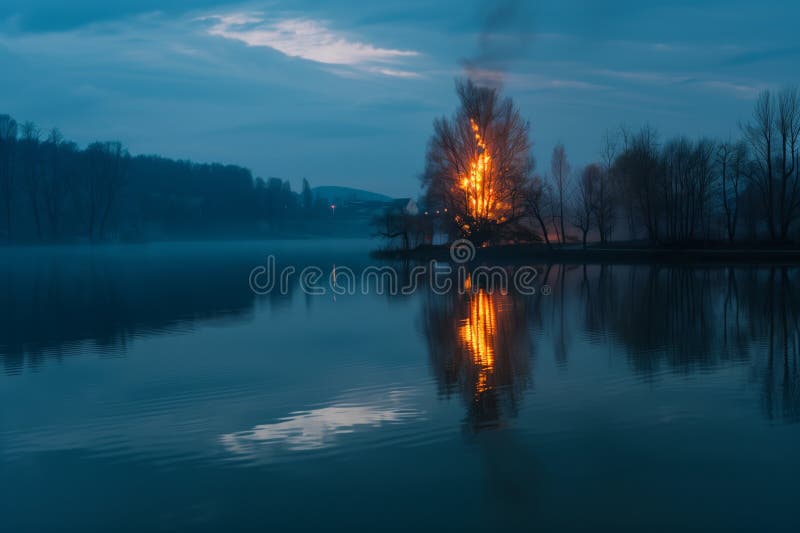 Lone Tree on Fire, Visible from Across a Lake Stock Photo - Image of ...