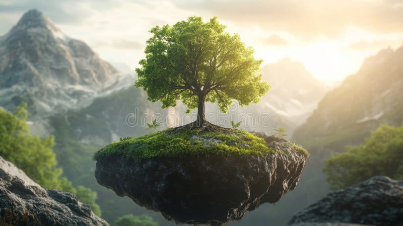 Lone Tree on a Floating Island in a Mountainous Landscape Stock ...