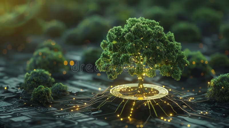 A Lone Tree with Glowing Roots Stands Tall Amidst a Field of Smaller ...