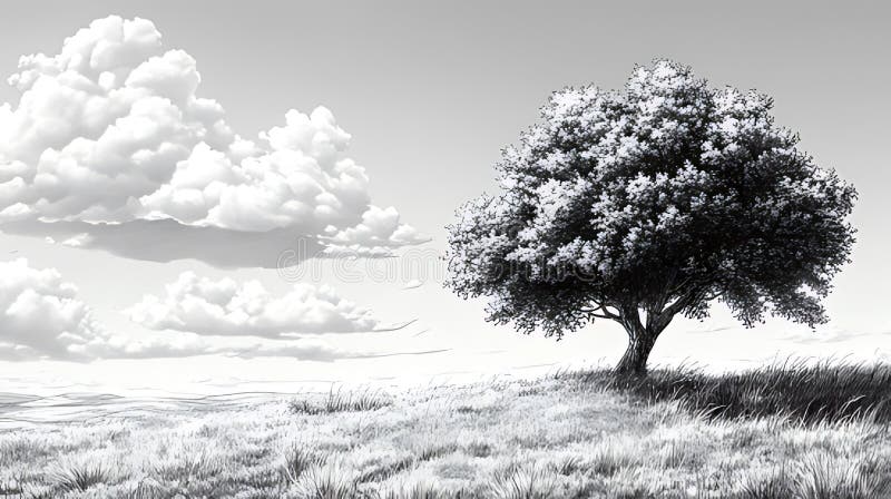 Lone Tree, Grayscale, Field, Cloudy Sky, Peaceful Landscape, Graphic ...