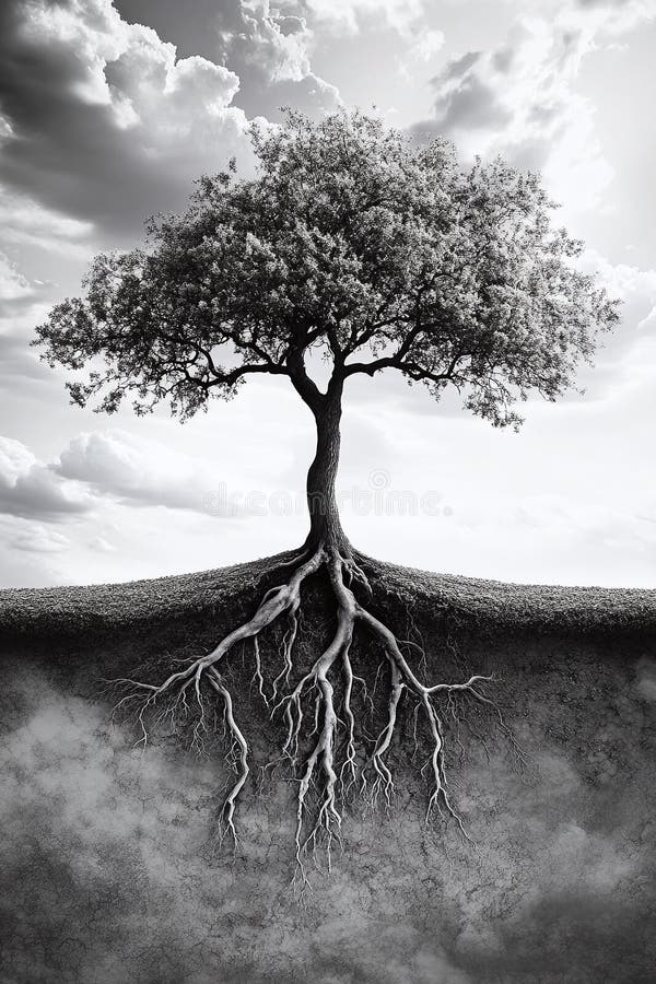 A Lone Tree Growing Upside Down from the Sky with Roots Reaching Toward ...