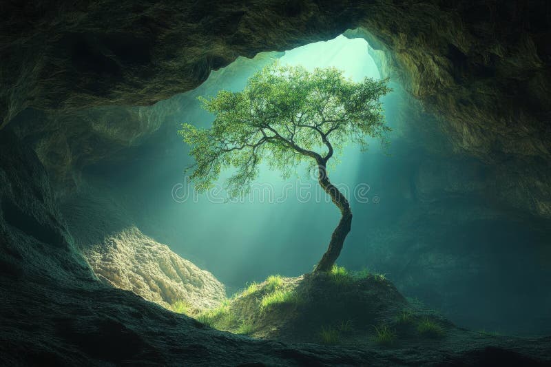 Lone Tree Grows in Cave with Sunlight, Resilience and Growth Concept ...