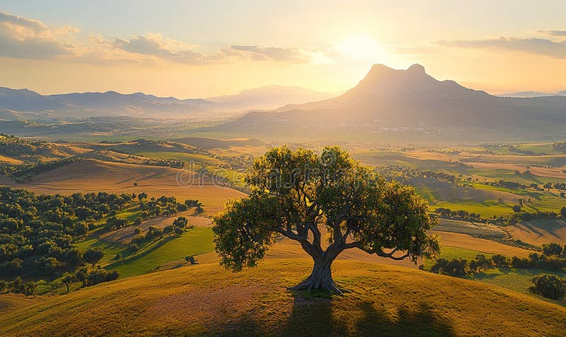 Lone Tree on Hill Overlooking Sunlit Valley, Mountains, and Farmland at ...