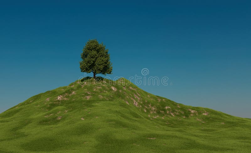 A Lone Tree on a Hill Under a Blue Sky,3D Illustration Stock ...