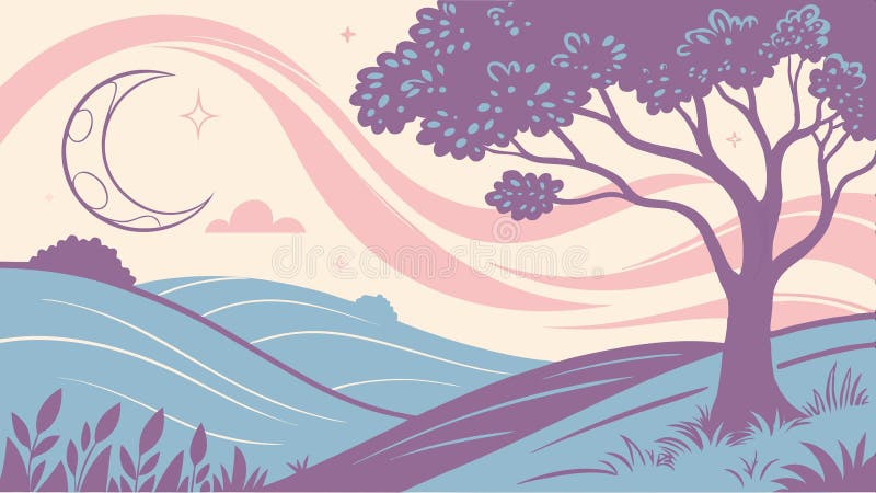 Lone Tree on Hill Under Dramatic Sunset Sky Landscape Vector Design ...