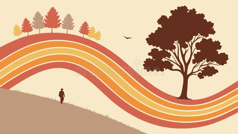 Lone Tree on Hill with Wavy Path Retro Landscape, Vector Design ...