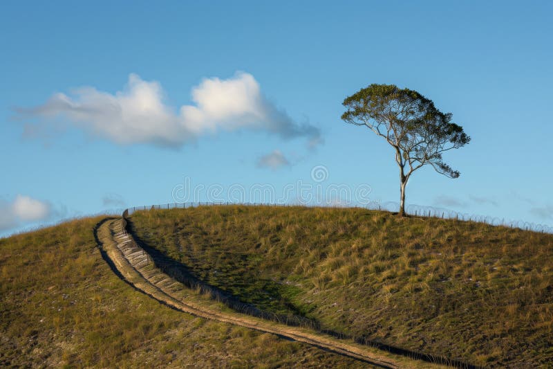 Lone Tree on a Hilltop with a Border Line Running Beneath Stock Photo ...