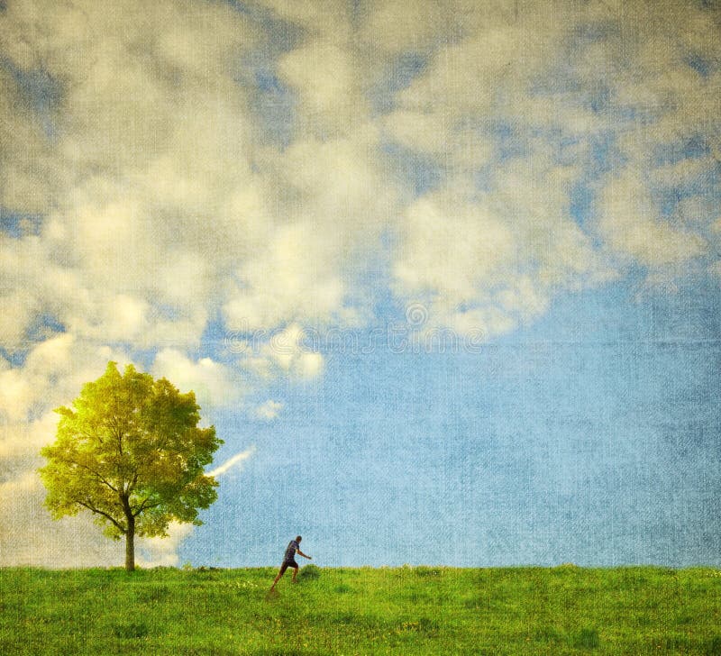 Lone Tree with Human Figure Running Stock Illustration - Illustration ...