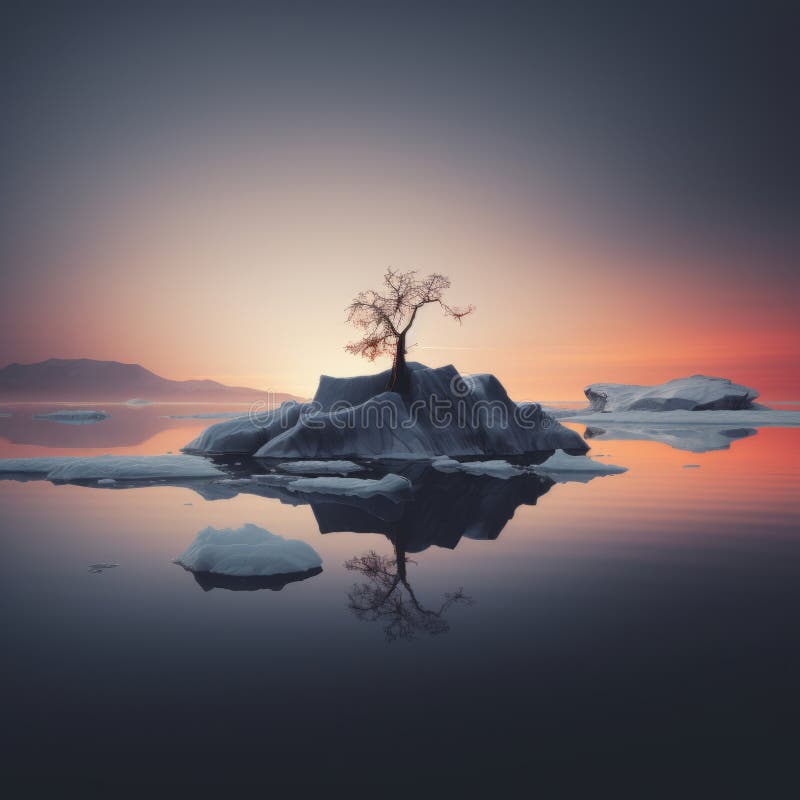 A Lone Tree on an Iceberg in the Middle of the Ocean Stock Illustration ...