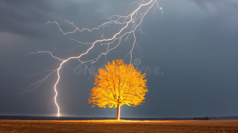 A Lone Tree Illuminated by a Lightning Strike Against a Dark Stormy Sky ...