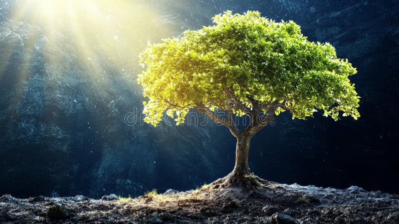 Lone Tree Illuminated Sunlight Against Dramatic Blue Background Stock ...