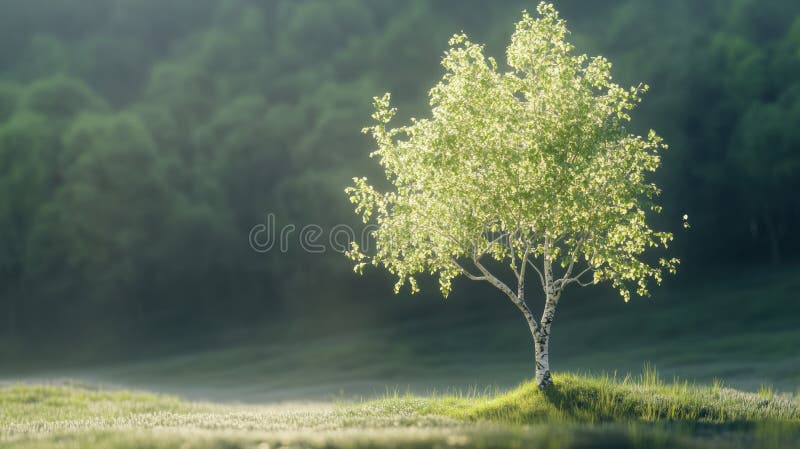 Lone Tree Illuminated by Sunlight in a Lush Green Meadow Landscape ...