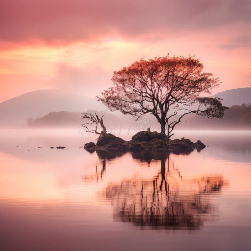 A Lone Tree on an Island in the Middle of a Lake at Sunset Stock ...