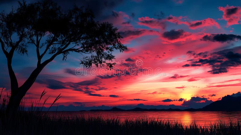 Lone Tree Silhouette Sunset Over Mountain Lake Stock Photos - Free ...