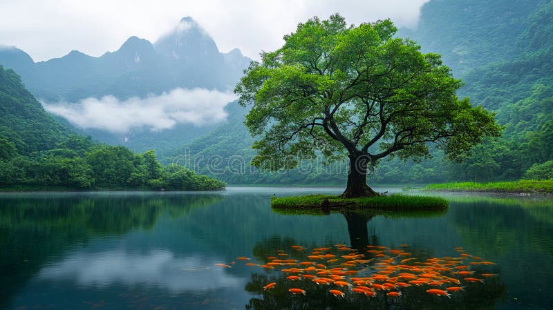 A Lone Tree in the Middle of a Lake Surrounded by Mountains Stock Image ...