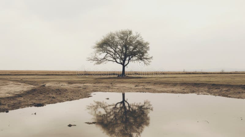 Lone Tree Mirrored in Water on Arid Terrain Signifying Endurance and ...