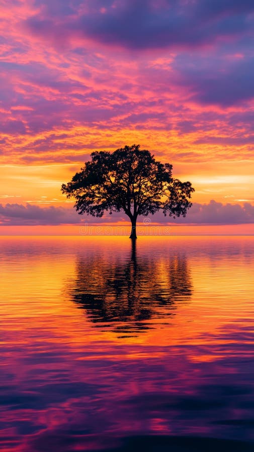 Minimalist Serene Landscape Majestic Tree Calm Water Stock Photos ...