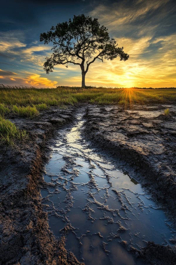 Lone Tree Reflected in Puddle Stock Image - Image of reflection ...