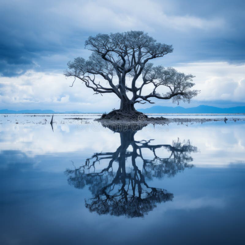 A Lone Tree is Reflected in the Water Under a Cloudy Sky Stock ...