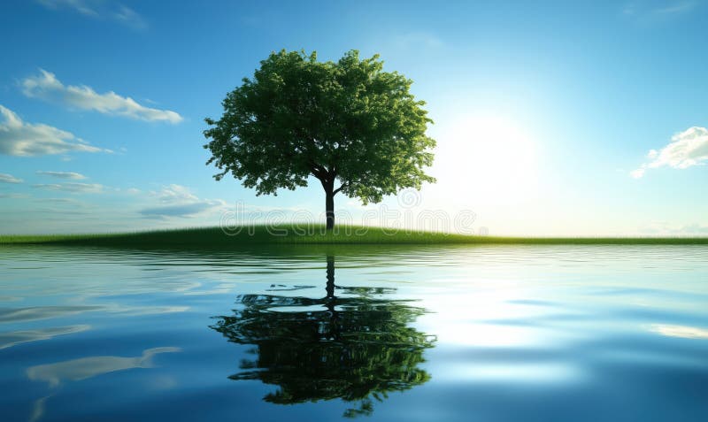 Lone Tree Reflection in Water, Serene Landscape with Blue Sky and ...