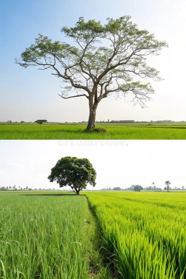 Lone tree in rice paddy stock illustration. Illustration of isolated ...