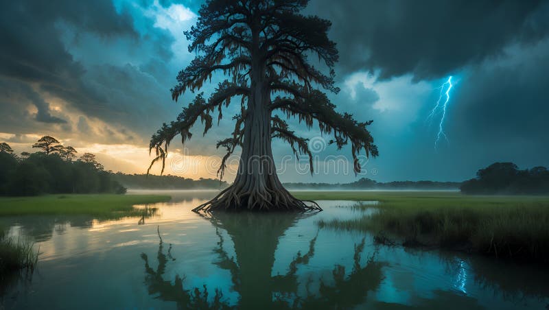 Majestic Cypress Tree in Stormy Sunset Stock Illustration ...