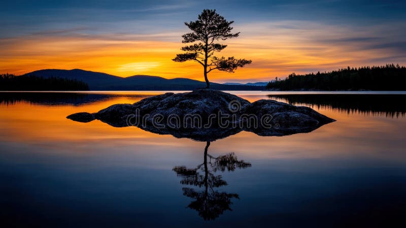 Lone Tree on Rock in Calm Water during Sunset Reflecting Vibrant Colors ...