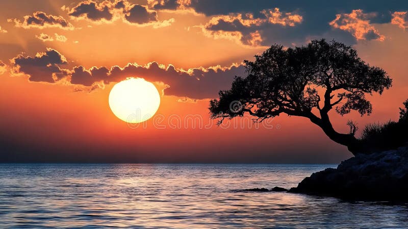 A Lone Tree on a Rock in the Middle of the Ocean at Sunset Stock Image ...