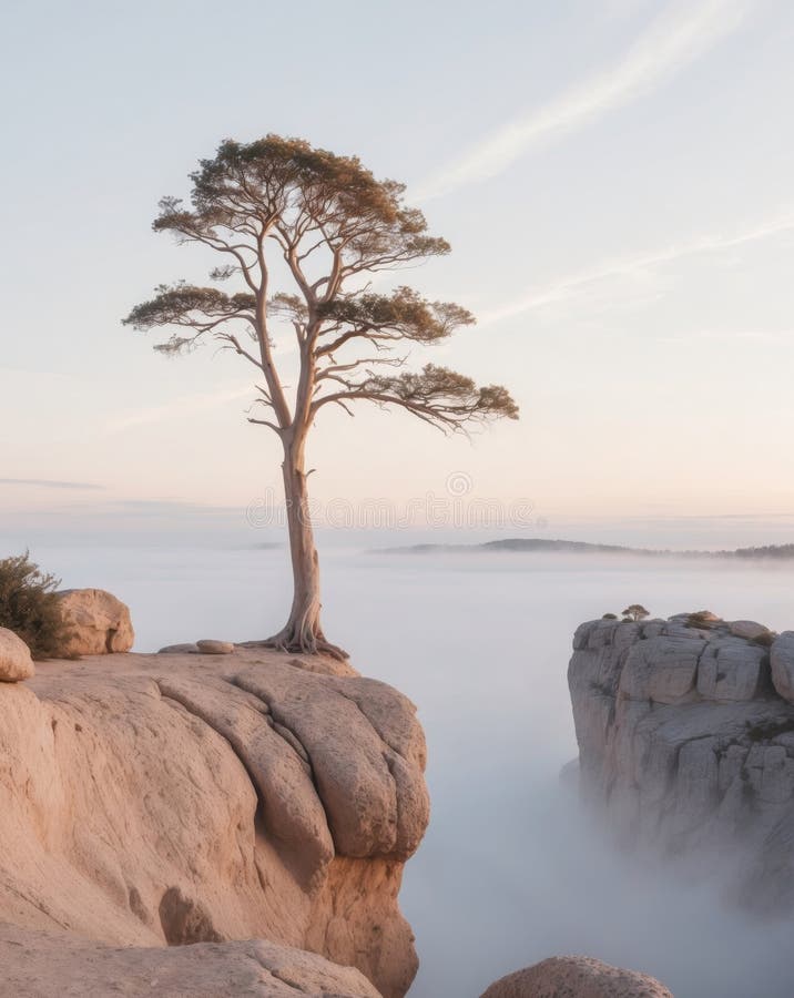 Lone Tree on a Rocky Cliff Overlooking Misty Valley at Dawn. Stock ...