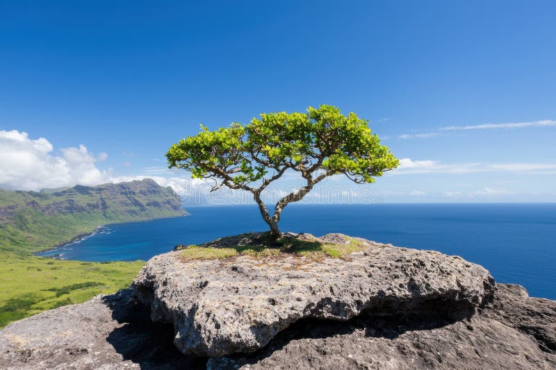 Lone Tree on Rocky Cliff Overlooking Ocean Stock Illustration ...