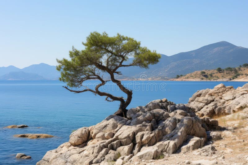 A Lone Tree on a Rocky Outcrop Stock Illustration - Illustration of ...