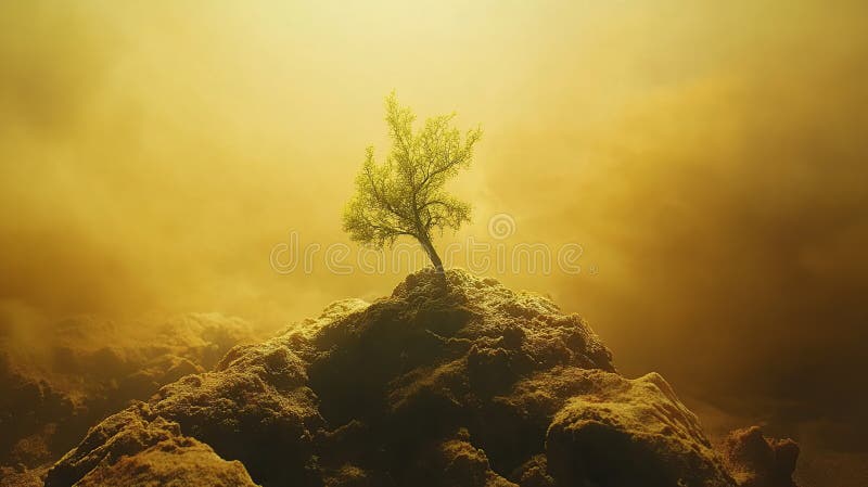 Lone Tree on Rocky Peak in Hazy, Golden Light Stock Photo - Image of ...