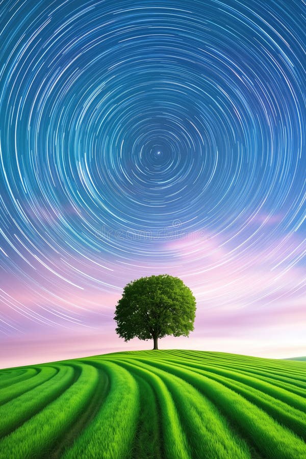 Lone Tree on Rolling Hill Under Vivid Star Trails and Colorful Sky at ...
